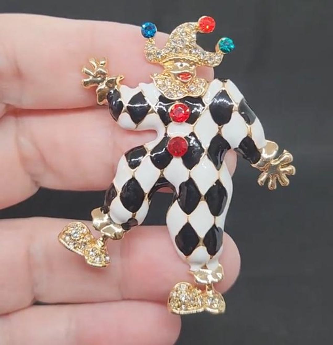 Jester Clown Brooch Black & White Enamel and Rhinestone on Gold Tone ...