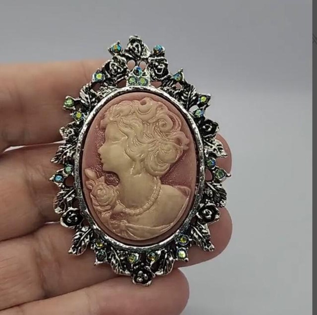 Rose Color Lady Cameo Brooch AB Crystals Silver Tone Metal Pretty - Etsy