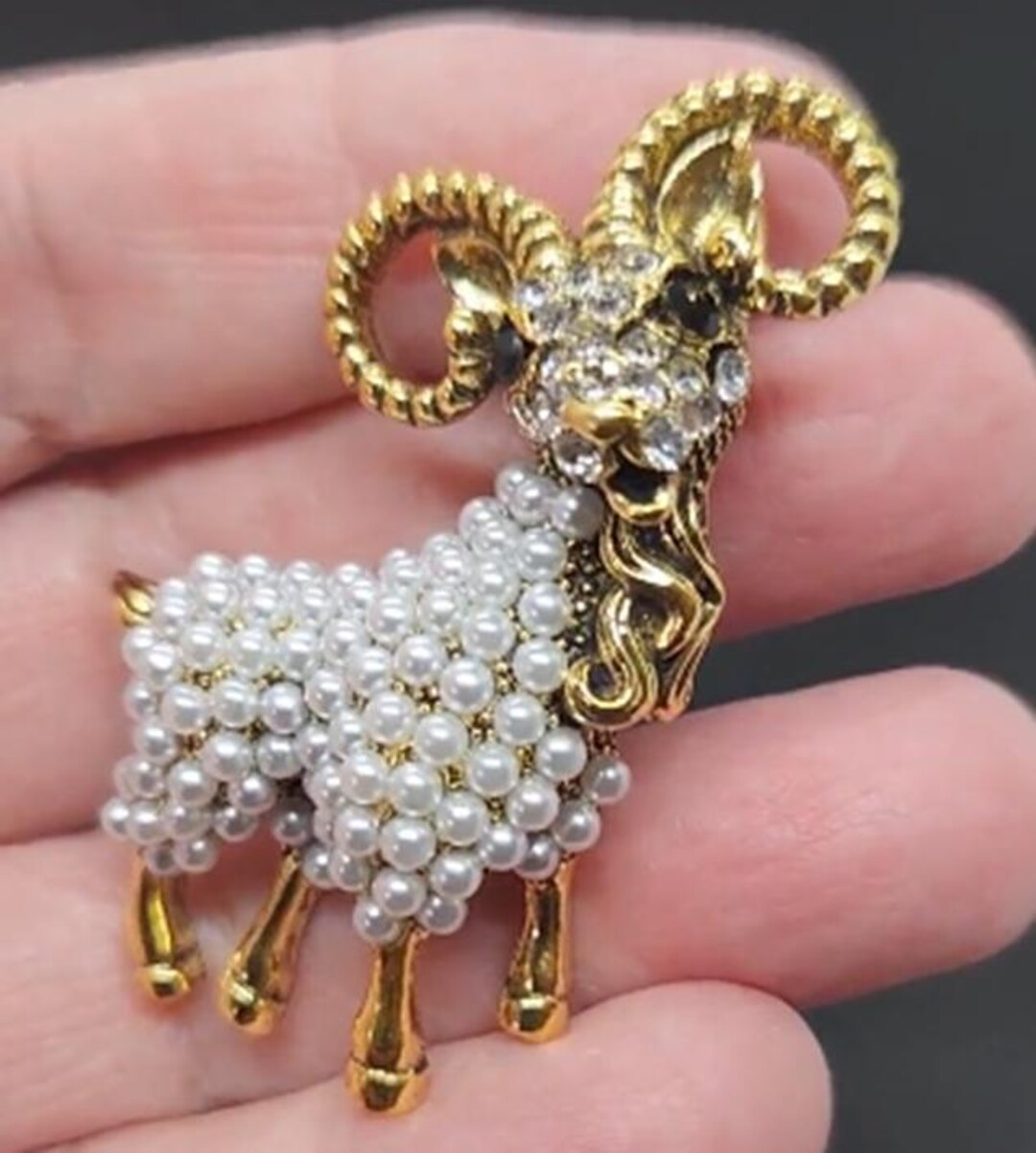 Billy Goat Animal Brooch Faux Pearls and Rhinestone Golden Horns Farm ...