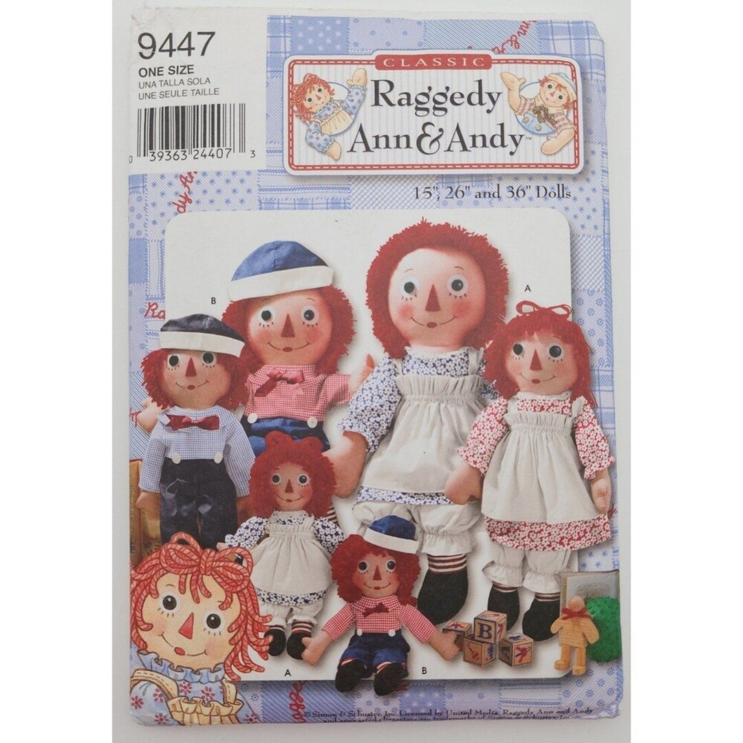 Simplicity Sewing Pattern 9447 Raggedy Ann and Andy Dolls 15 26 36 ...