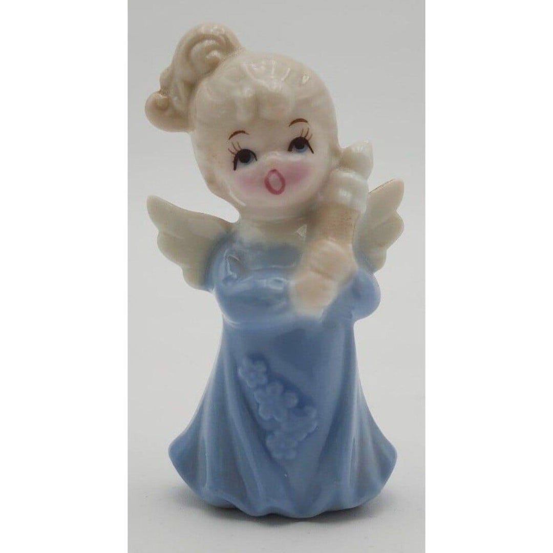 Vintage Japan Blue Porcelain Girl Angel Holding Candle Figurine Sweet ...