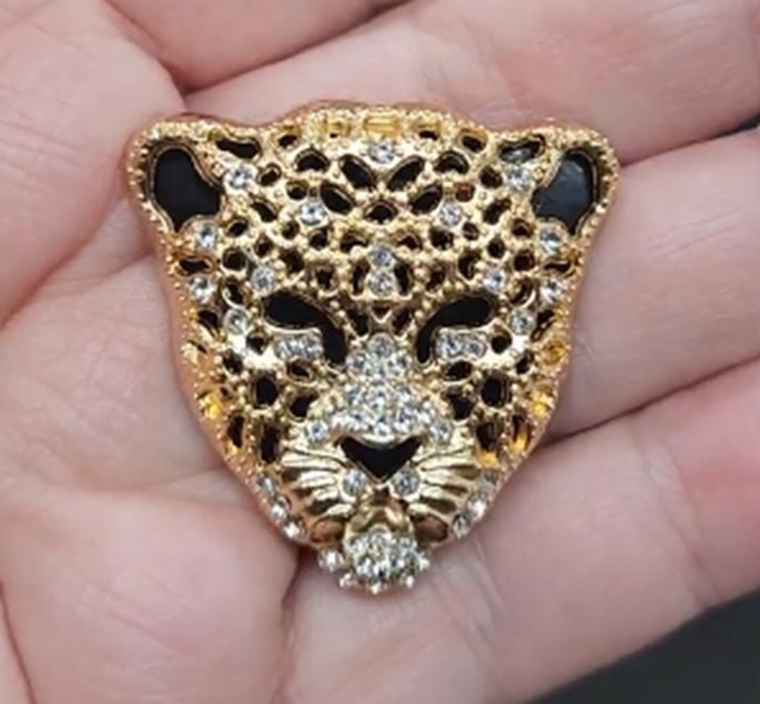 Leopard Brooch Smaller Size Black Enamel & Rhinestones on Shiny Gold ...