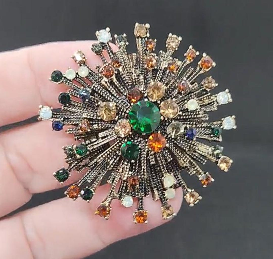 Sunburst Retro Atomic Style Brooch Brown Earth Tones Faux Jewel ...