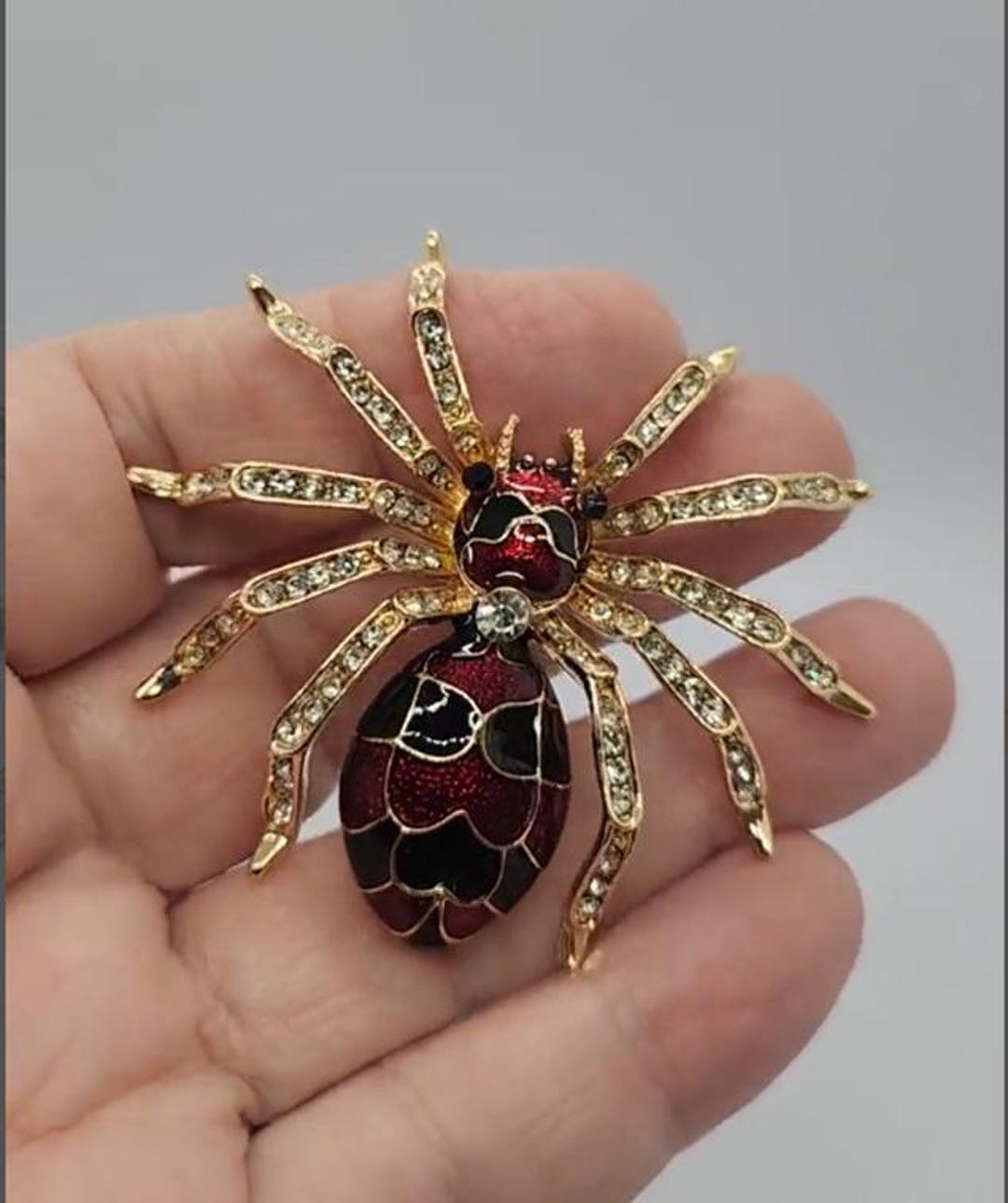 Large Spider Brooch Enamel & Rhinestone Gold Tone Metal Statement Piece ...