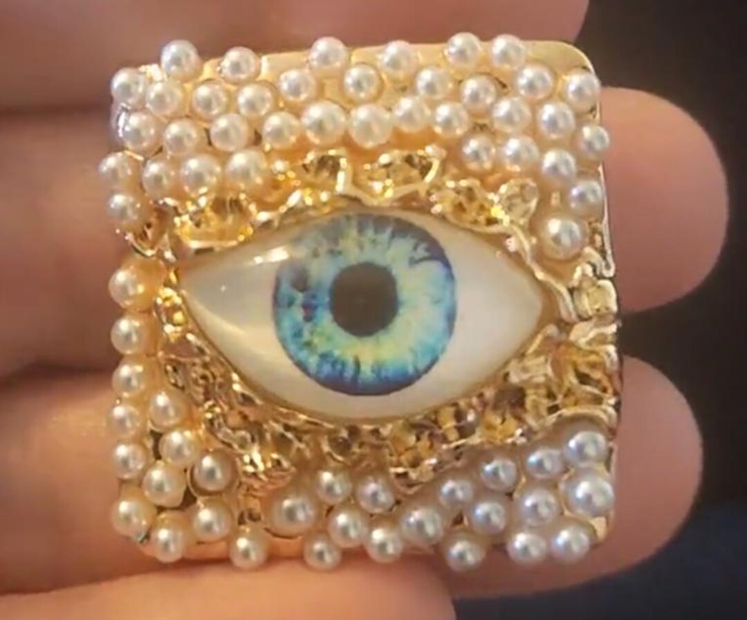 Eye Brooch Faux Pearl Light Blue Color Eye Square Shaped Gold Tone ...