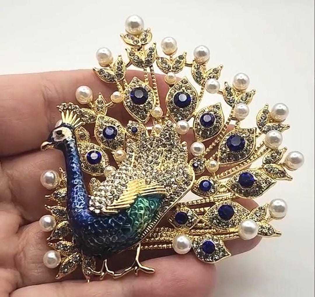 Large Peacock Brooch Faux Pearl Jewels Rhinestone & Enamel Statement ...
