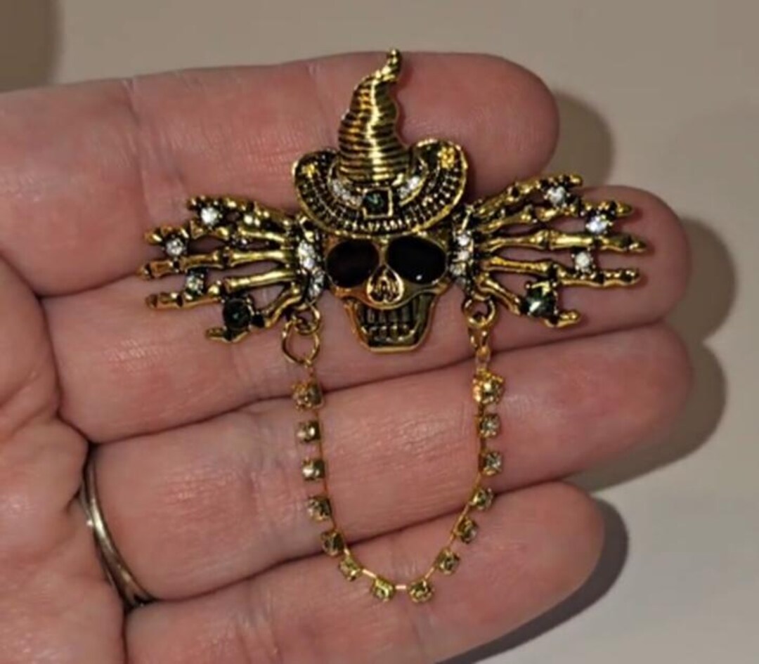 Skeleton Witch Rhinestone Brooch Goth Retro Goldtone Metal - Etsy