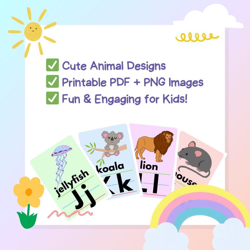 Animal Alphabet Flash Cards Fun, Printable A-Z Educational Set - Etsy