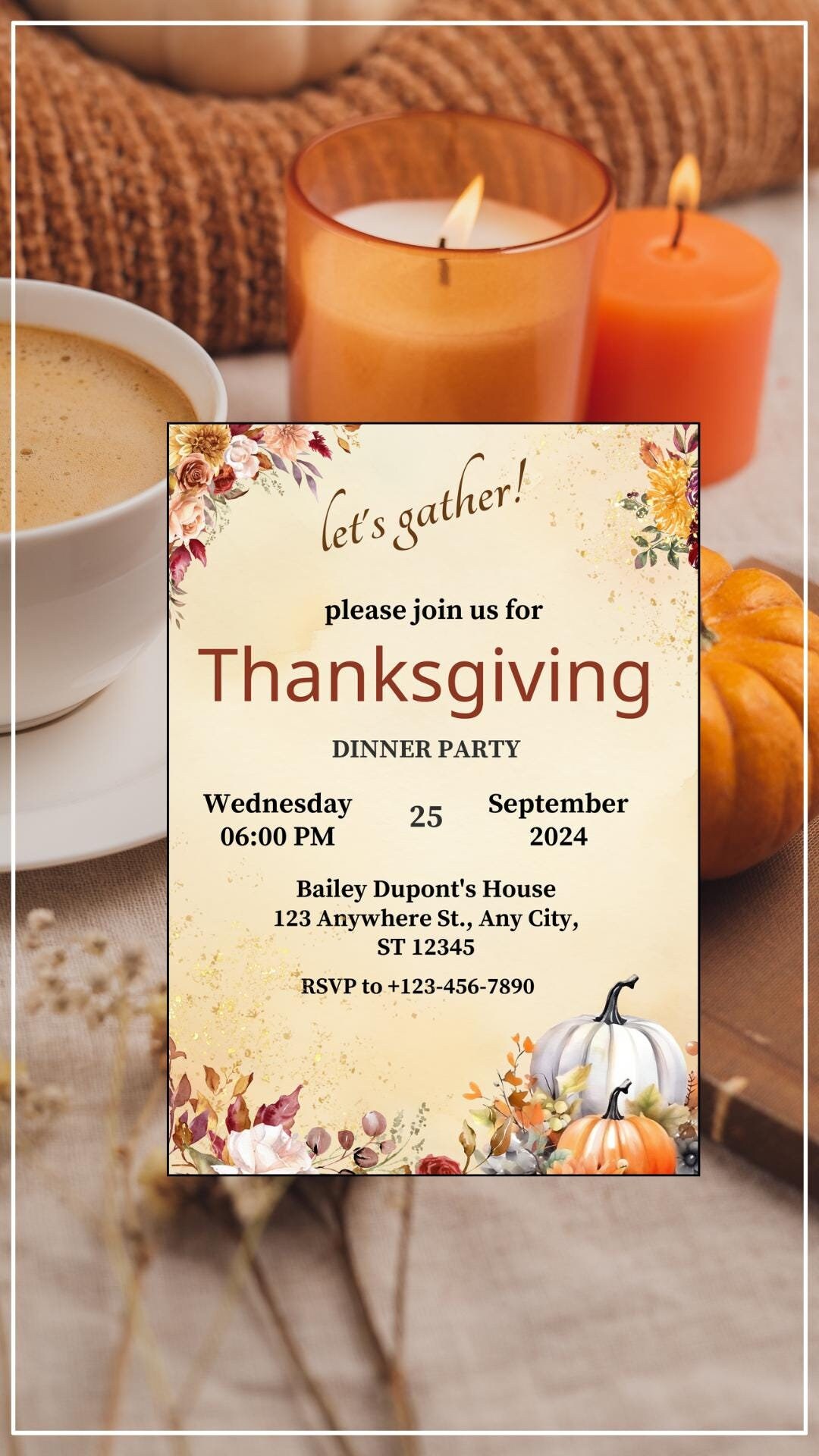 Editable Thanksgiving Invitation,printable Orange Floral Pumpkin Thanks ...