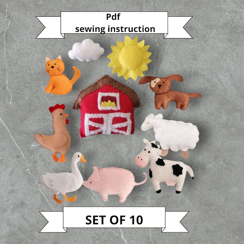 Farm Animals Felt Sewing Pattern: Cat, Dog, Chicken, Cow, Sheep (PDF ...
