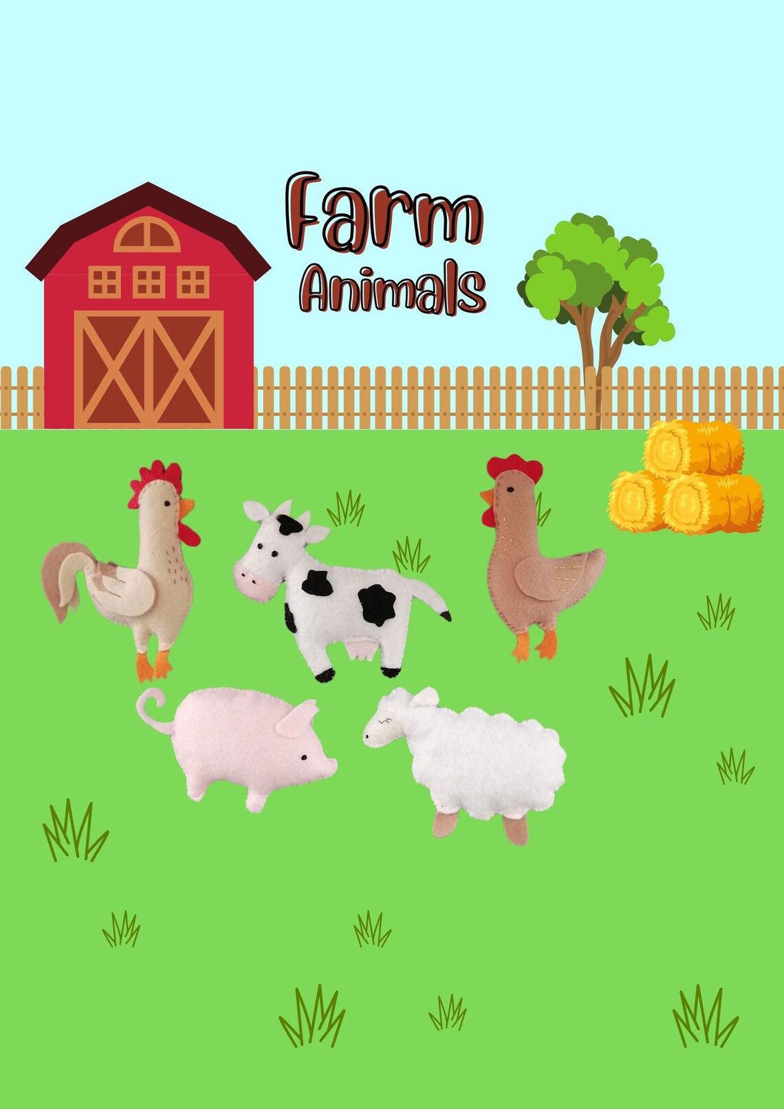 Farm Animals Pdf Pattern Felt,set of 5 Rooster Chicken Cow Sheep Pig ...