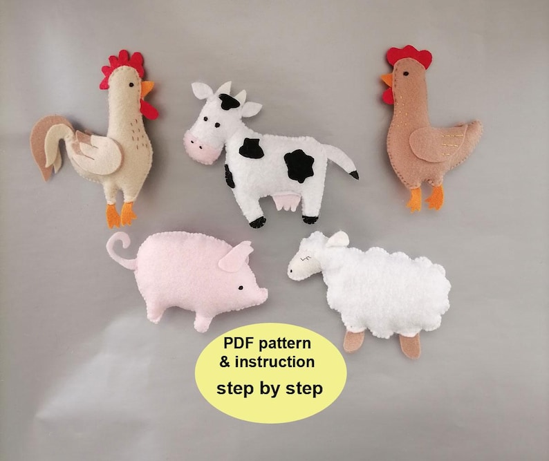 Farm Animals Pdf Pattern Felt,set of 5 Rooster Chicken Cow Sheep Pig ...