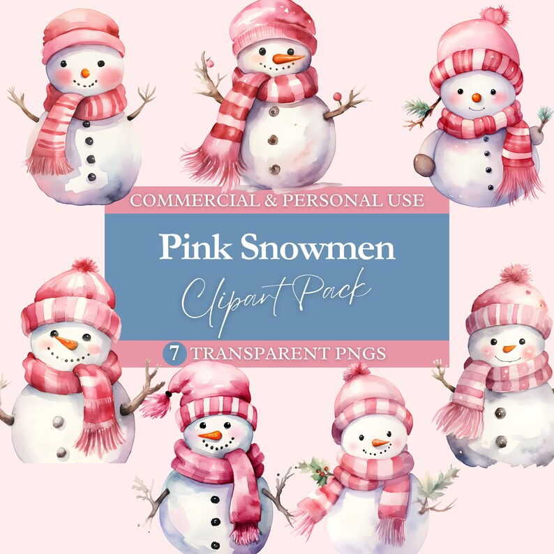 Cute Pink Snowmen Clipart Bundle | Transparent PNG | Commercial Use ...