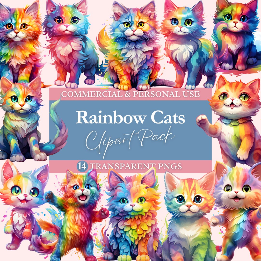 Cute Rainbow Cats Clipart Bundle | Transparent PNG | Commercial Use ...
