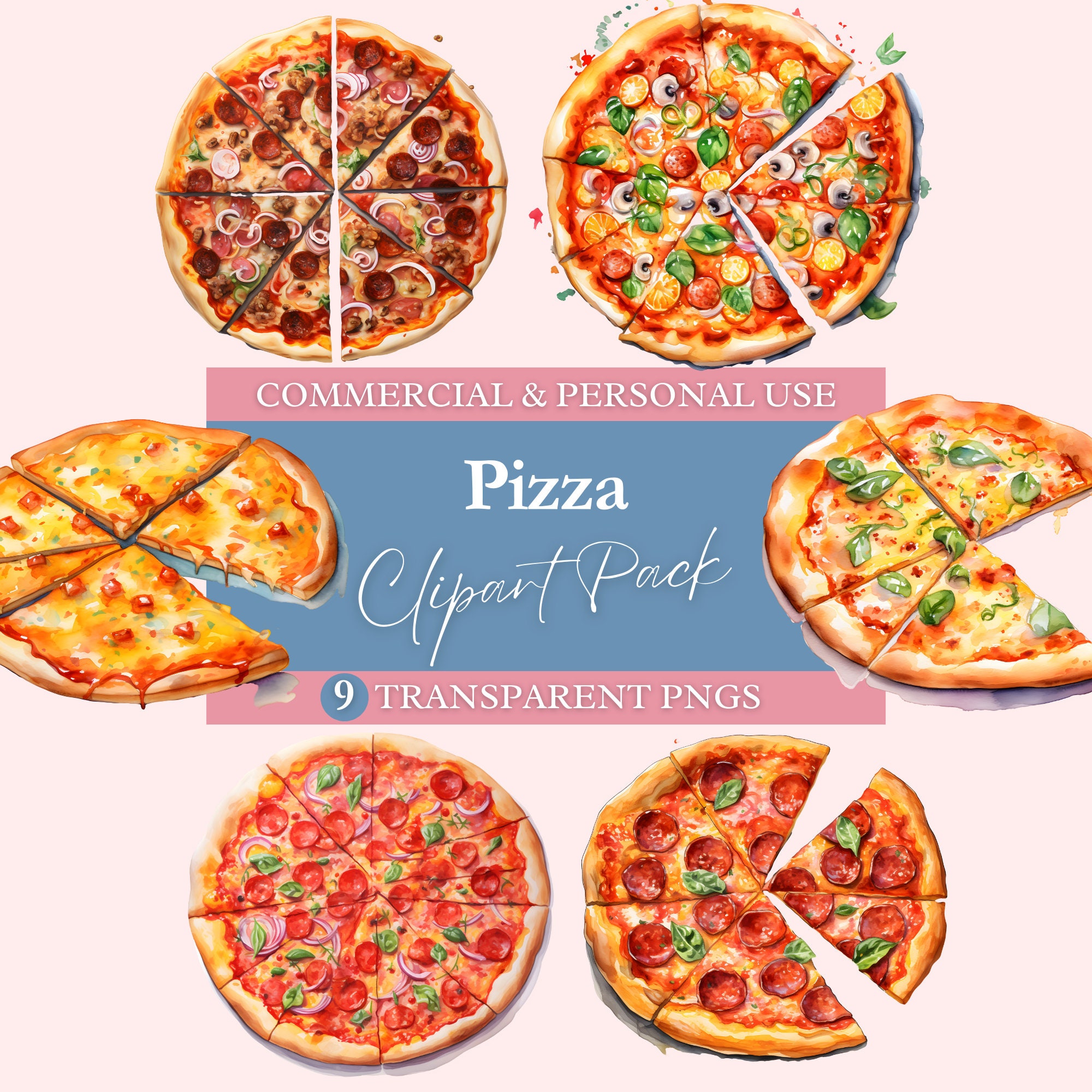 Pizza Clipart Bundle Transparent PNG Commercial Use Clip Art Watercolor ...