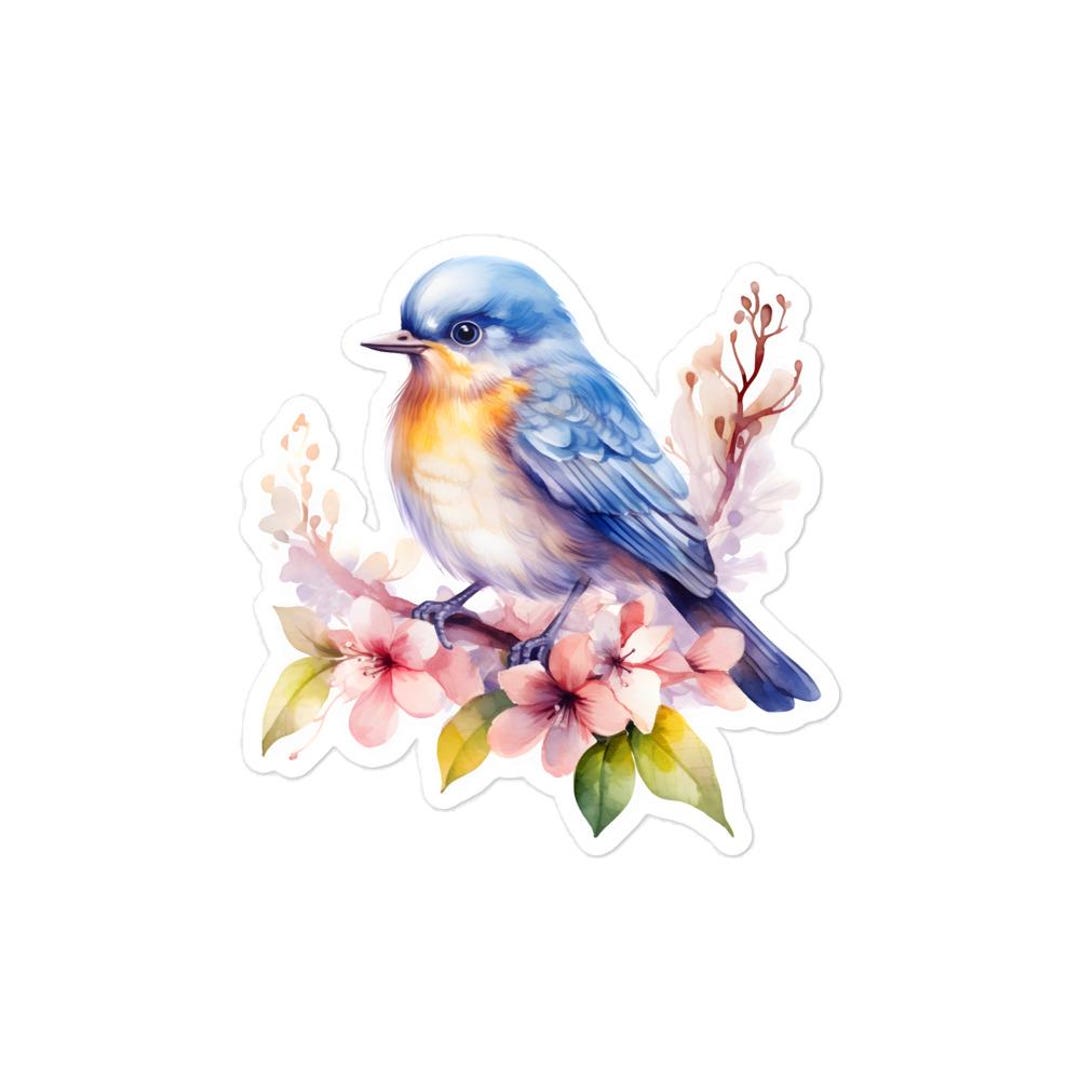 Bluebird Floral Sticker | Watercolor Bird With Blossoms Vinyl Decal ...