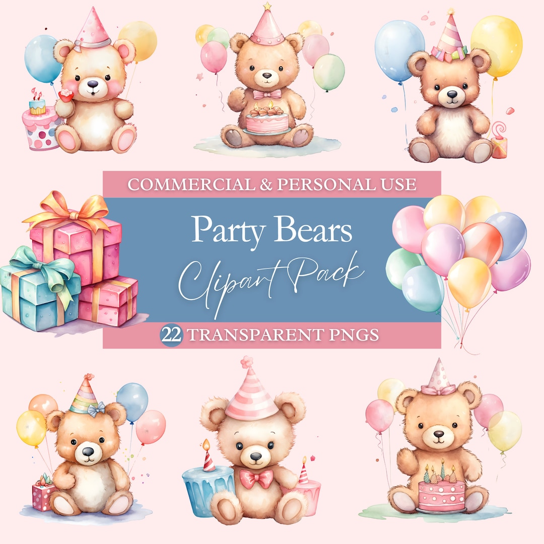 22 Party Bears Watercolor Clipart Bundle | Cute Bears With Presents ...