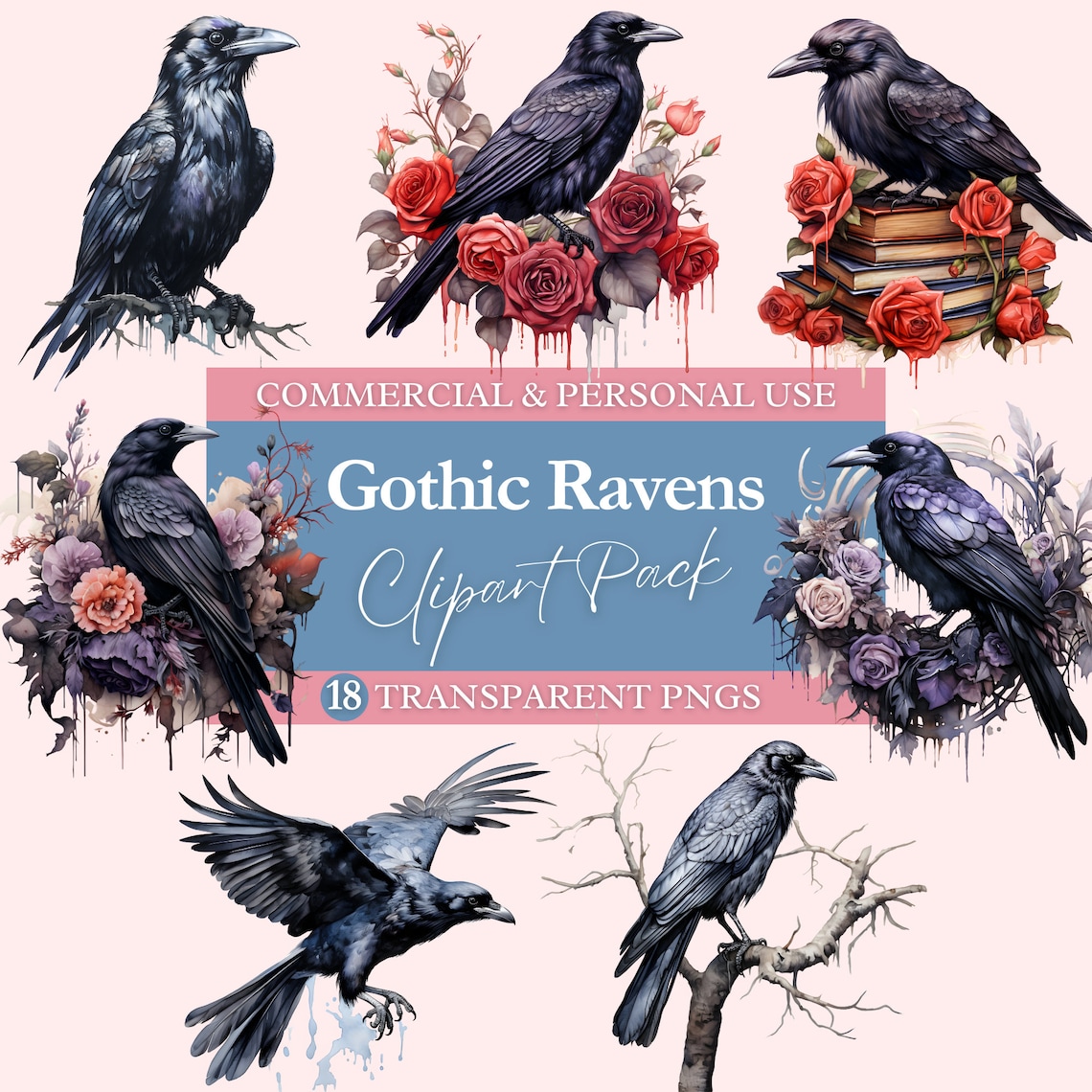 Gothic Ravens Clipart Bundle | Transparent PNG | Commercial Use Clip ...