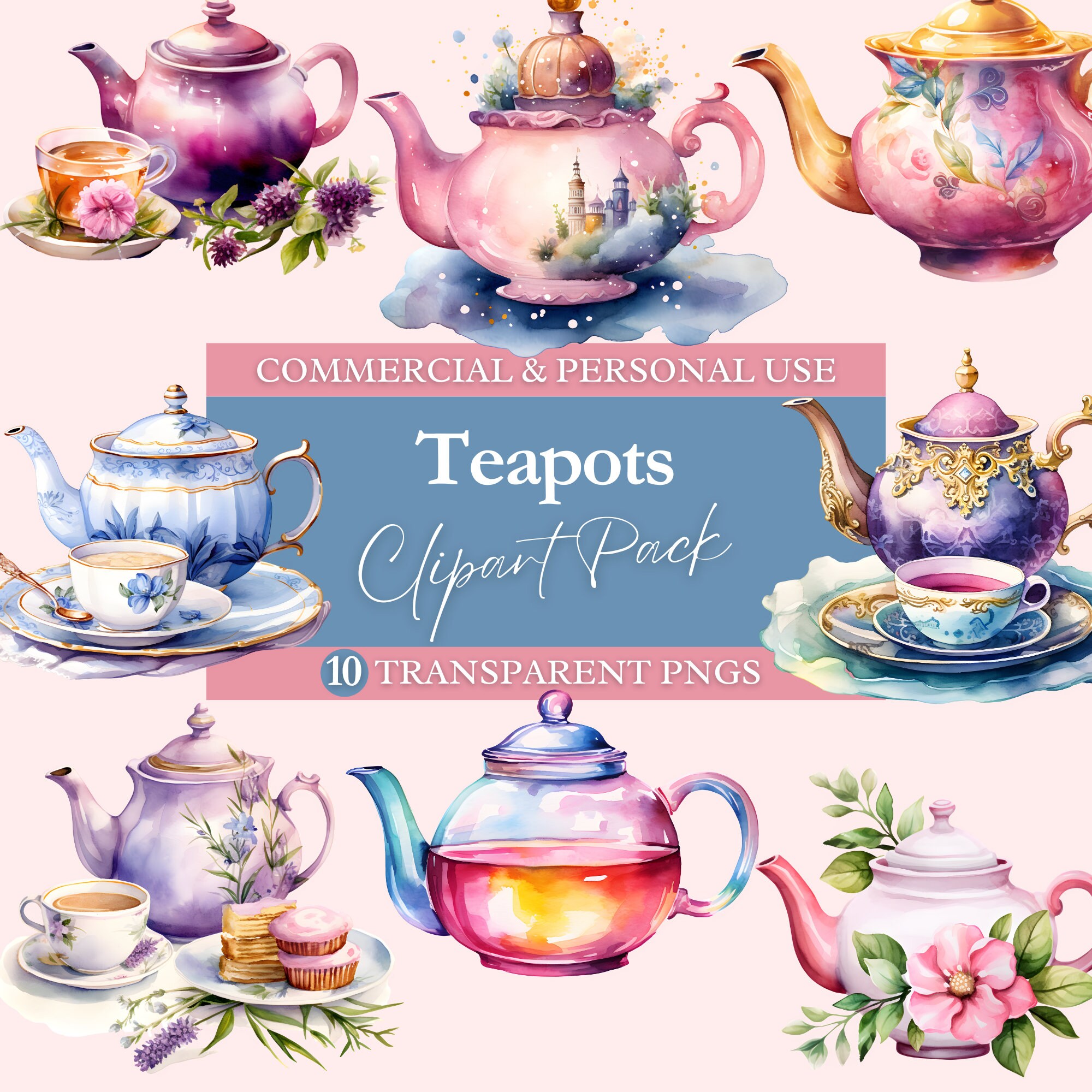 10 Teapots Clipart Bundle Transparent PNG Commercial Use Clip Art ...