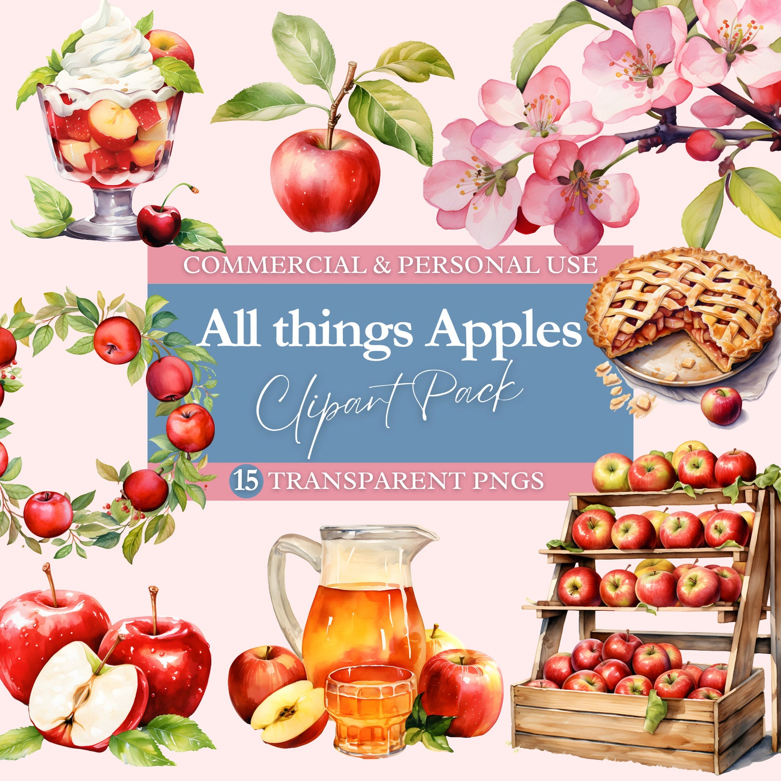 15 Watercolor Apples Clipart | Transparent PNG | Commercial Use Clip ...