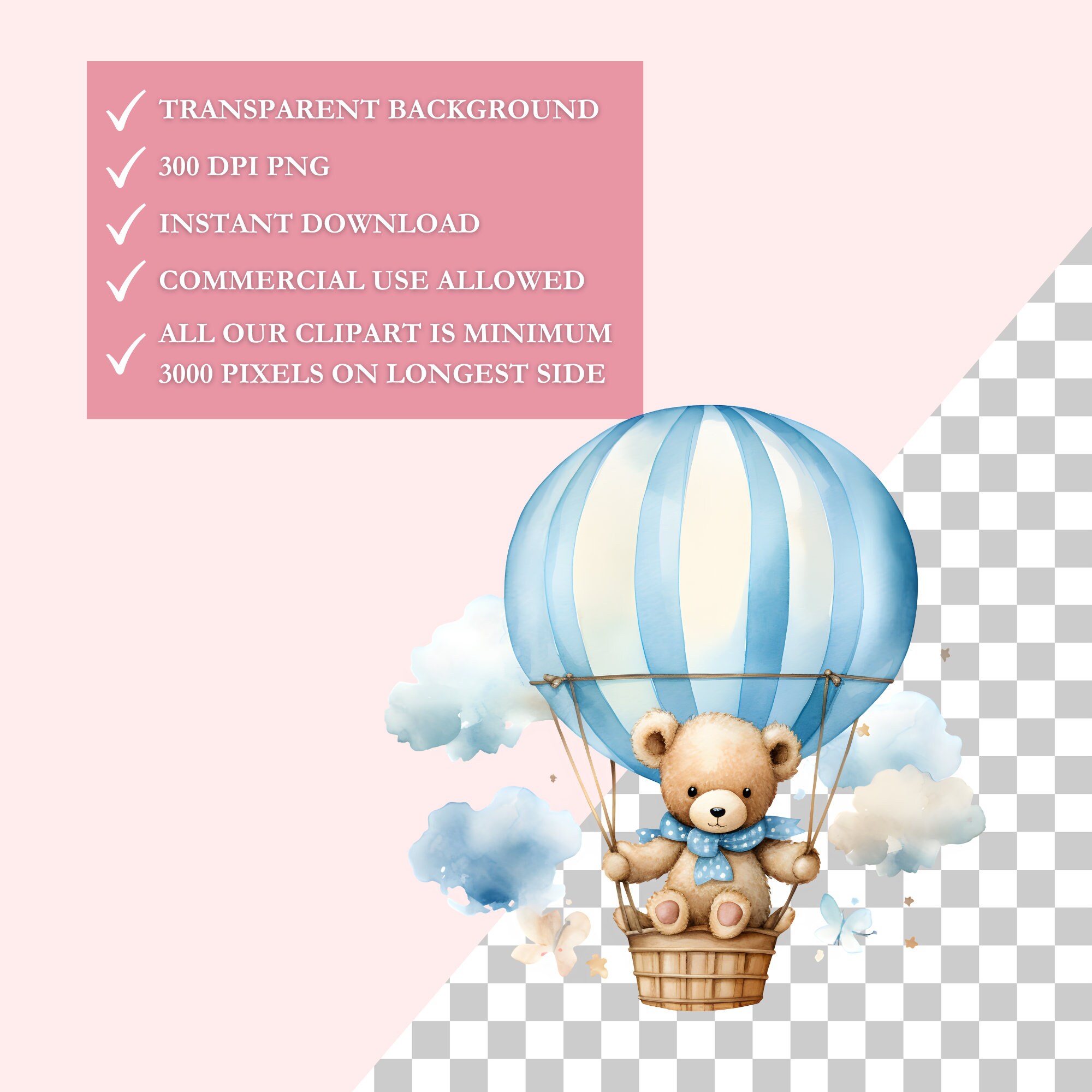 Blue Teddy Bear Clipart Bundle | Transparent PNG | Commercial Use Clip Art | Watercolor ...