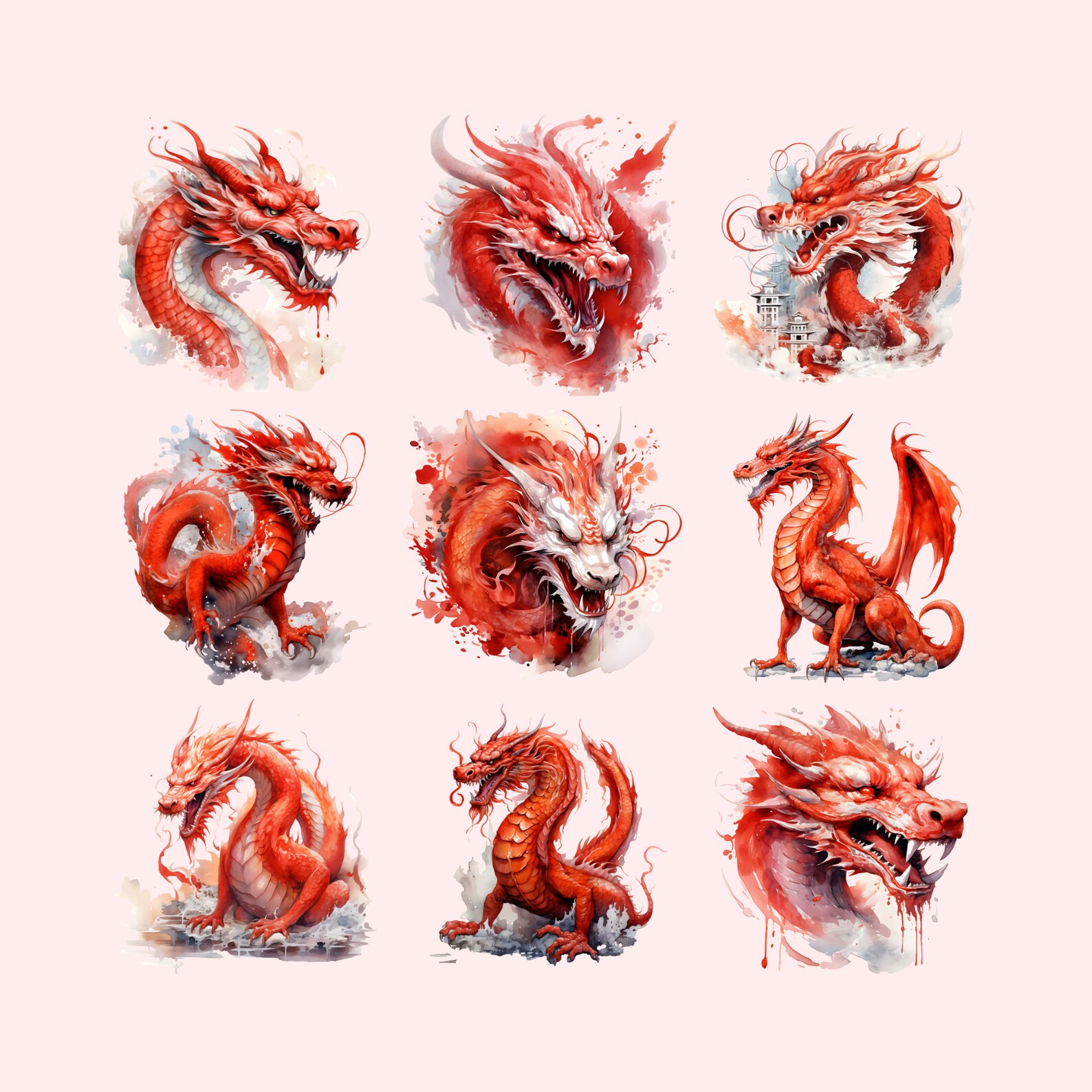 Oriental Red Dragon Clipart Bundle | Transparent PNG | Commercial Use ...