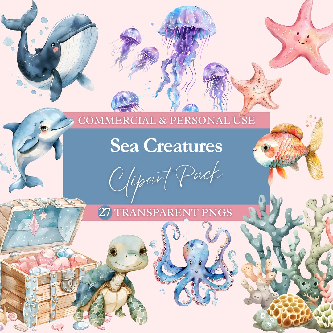 Sea Creatures Clipart Bundle | Transparent PNG | Commercial Use Clip ...