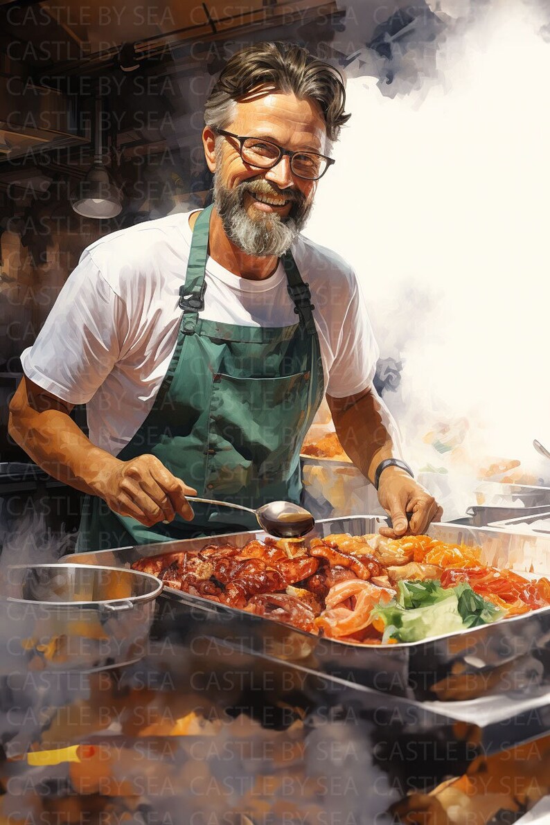 Printable Art - the Joyful Chef - A Smiling Chef Standing Over A Pan of ...