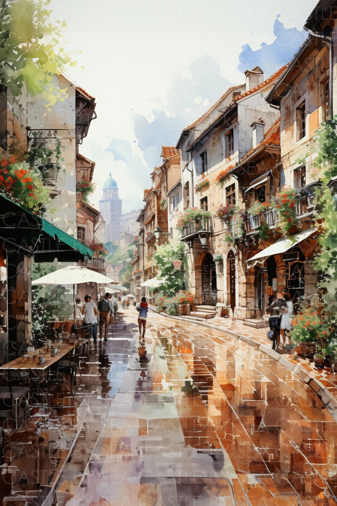 Digital Art - Picturesque Path - People Walking Through A Cobblestoned ...