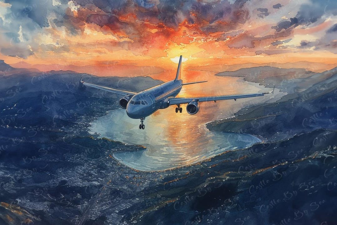 Digital Art - Flight of Fancy - Airplane Over Sunset Coastline ...