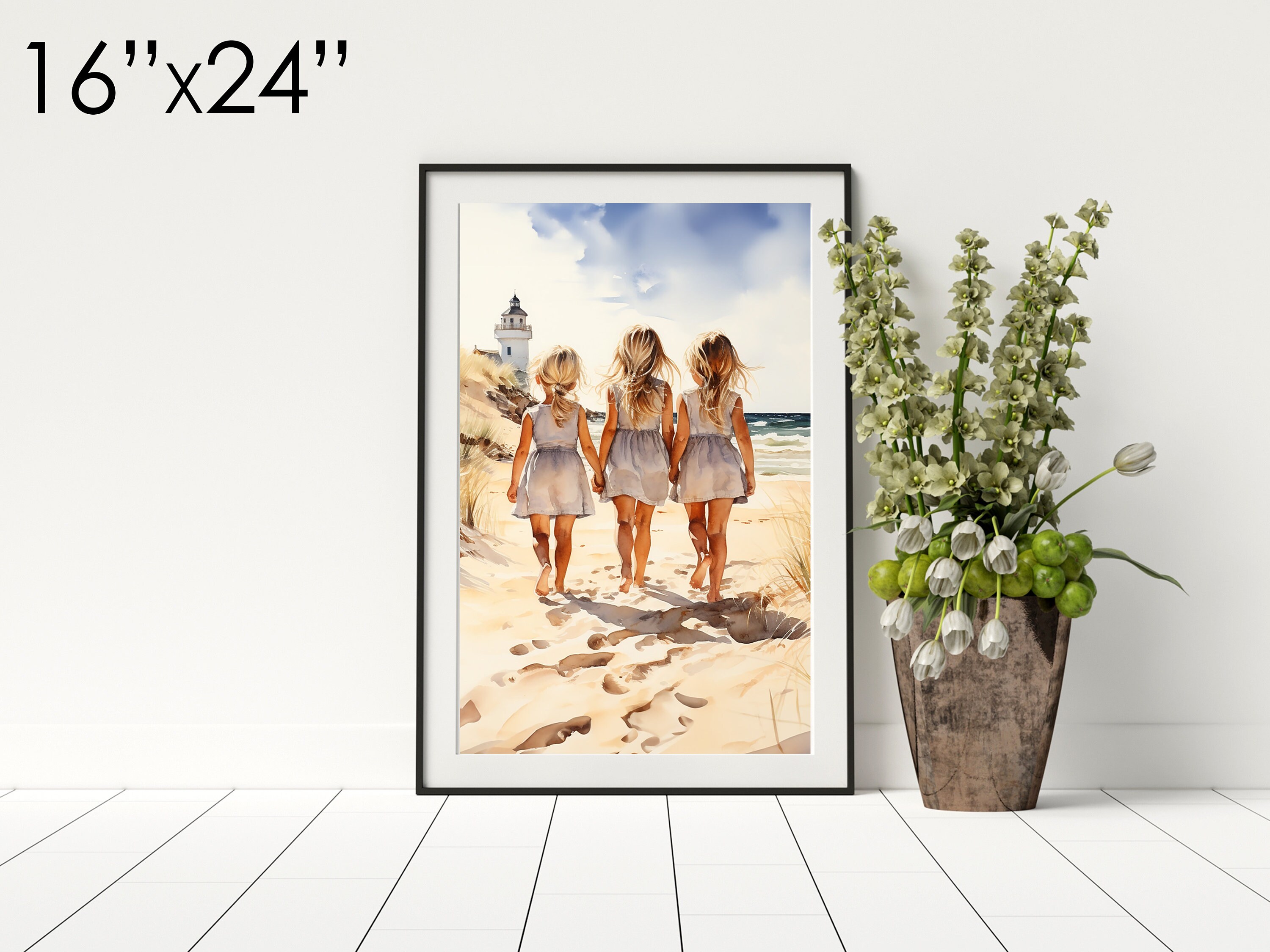 Printable Art - Seashell Sisters - Three Blonde Girls Walking Hand-in-hand on the Beach ...