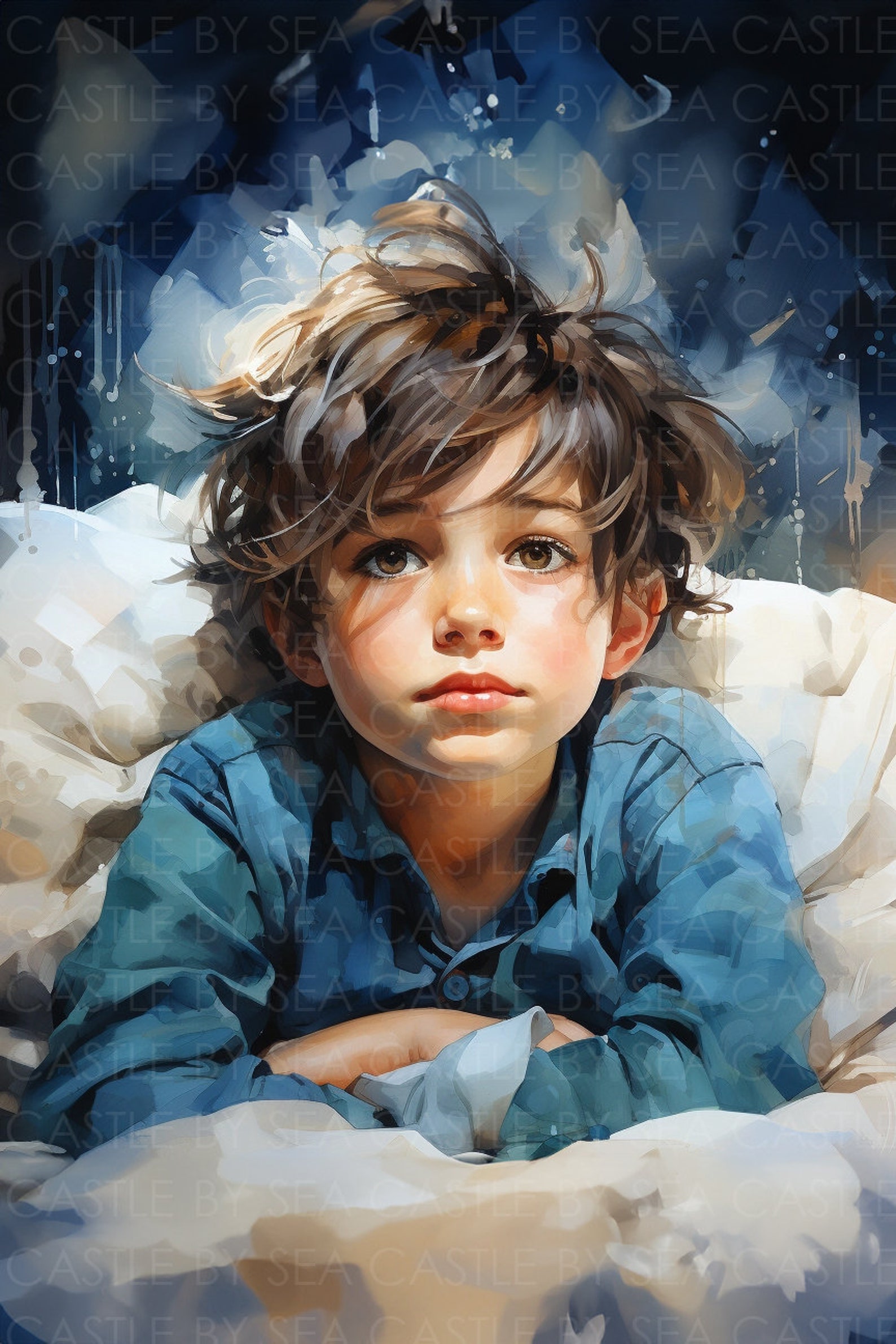 Printable Art - Midnight Melancholy - A Little Boy Laying in Bed at ...