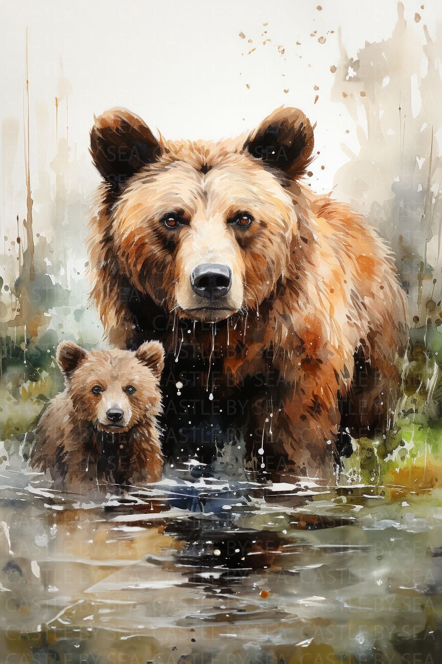 Printable Art - Bears at the Brook - A Bear With Its Bear Cub by A ...