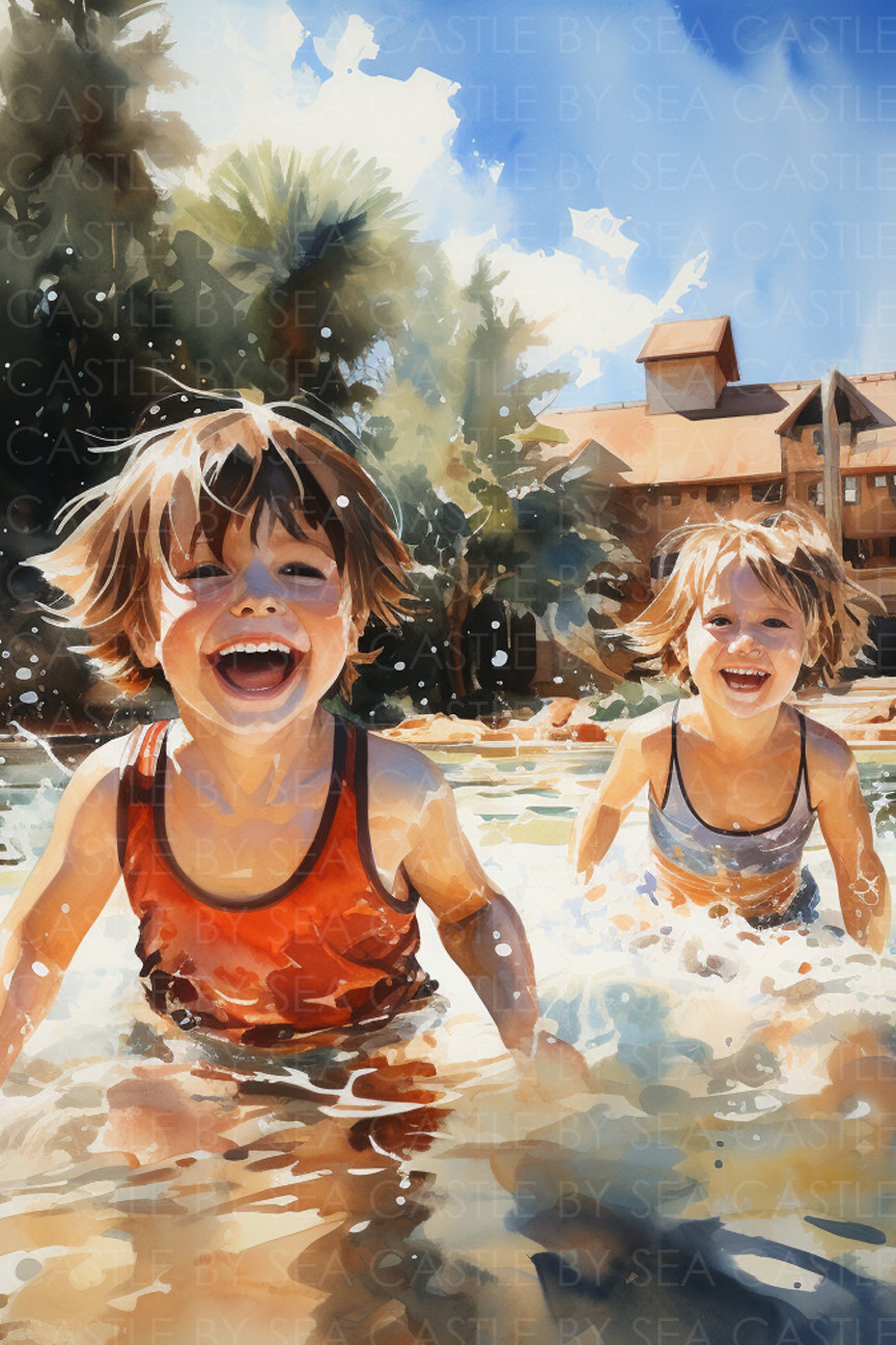 Printable Art - Splashes of Joy - Two Children Splashing in A Pool ...
