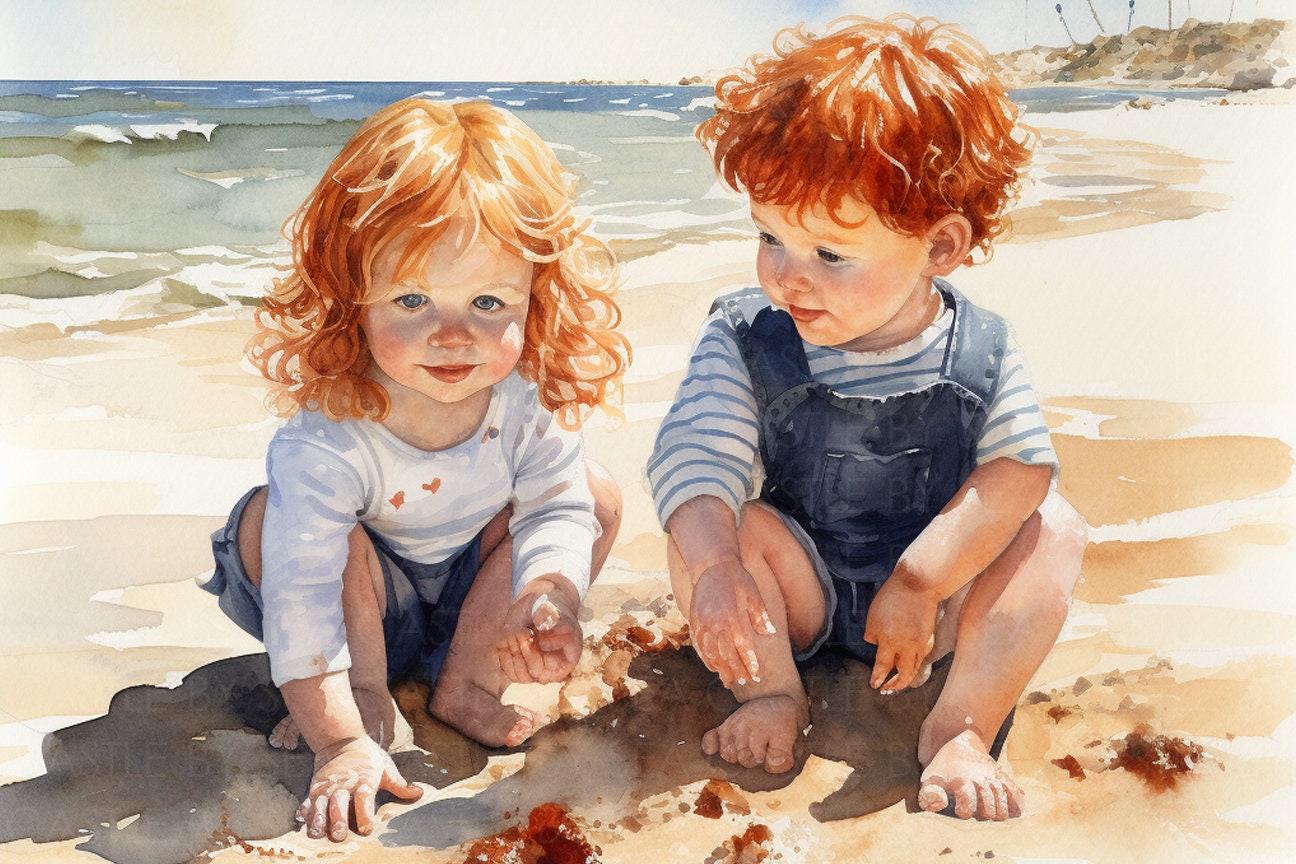 Printable Art - Beachside Fun - Two Redheaded Toddlers Playing With ...