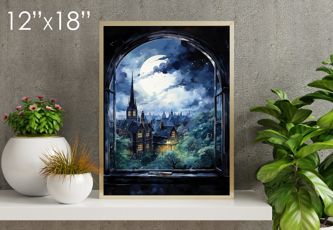 Printable Art Inkwell Night Dark Summer Night View From a Window of a ...