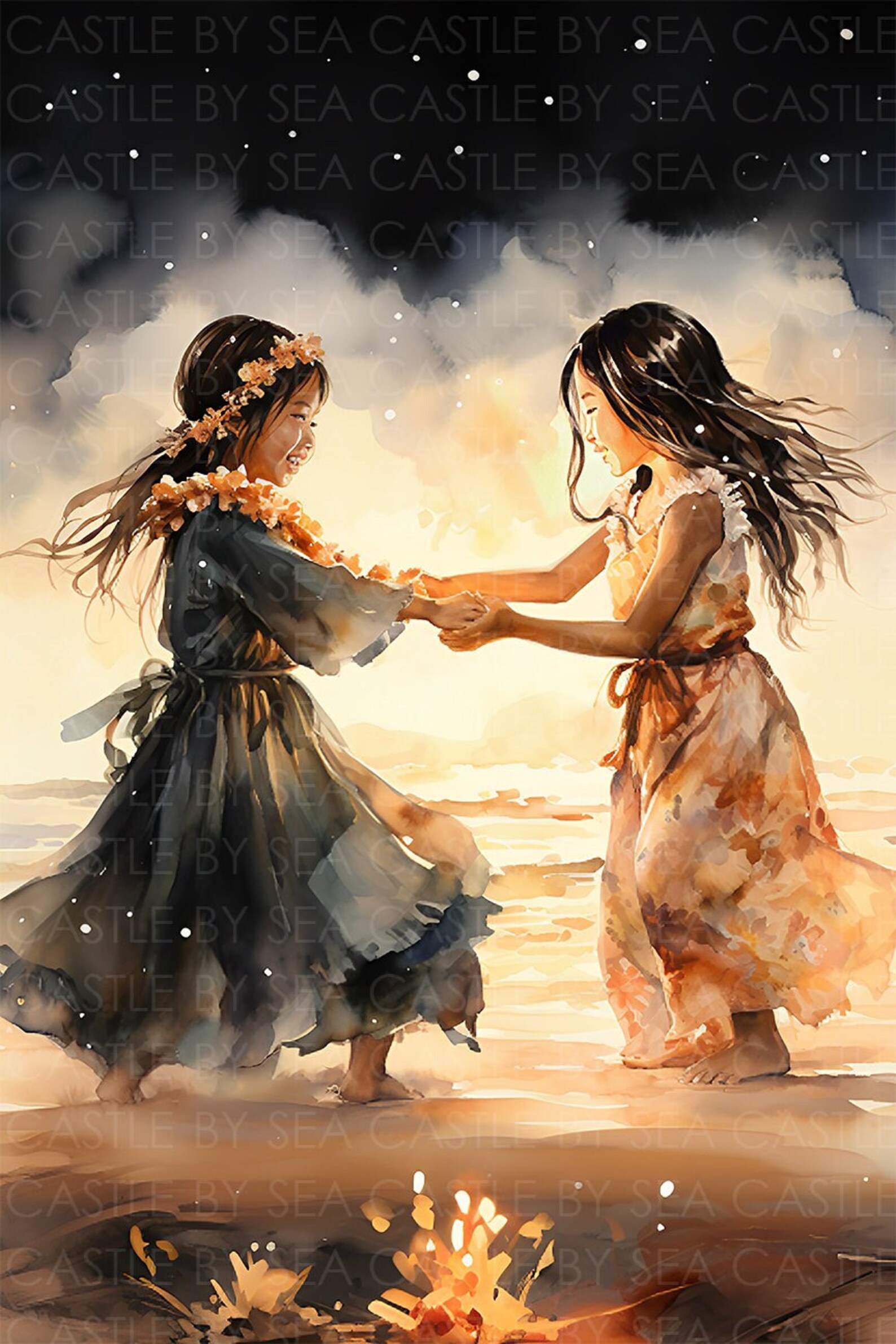 Printable Art - Oceans Dance - Two Hawaiian Girls Dancing by A Bonfire ...