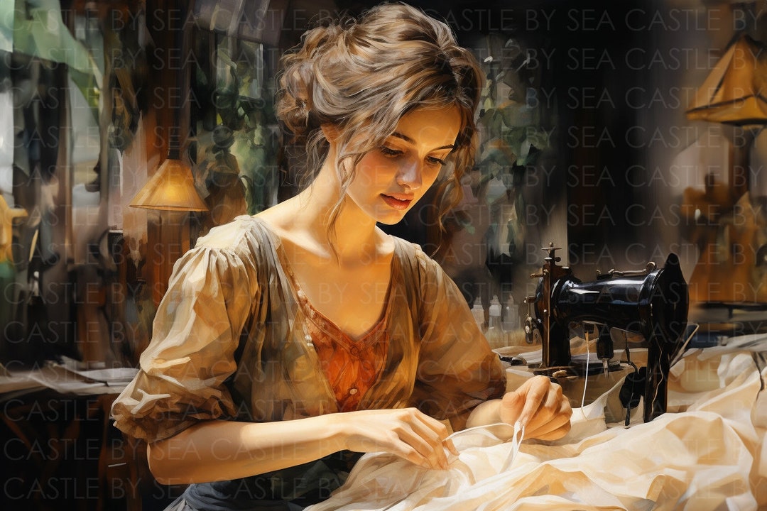 Digital Art - Sew Sweet - A Seamstress at Work on Her Sewing Machine ...