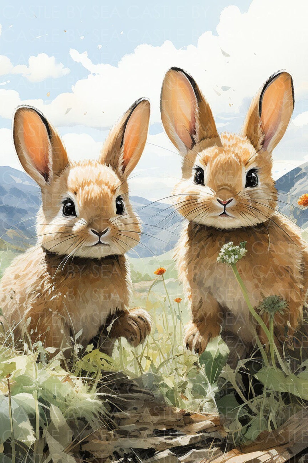 Printable Art - Bunny Bliss - Two Brown Bunnies Foraging in A Grassy ...