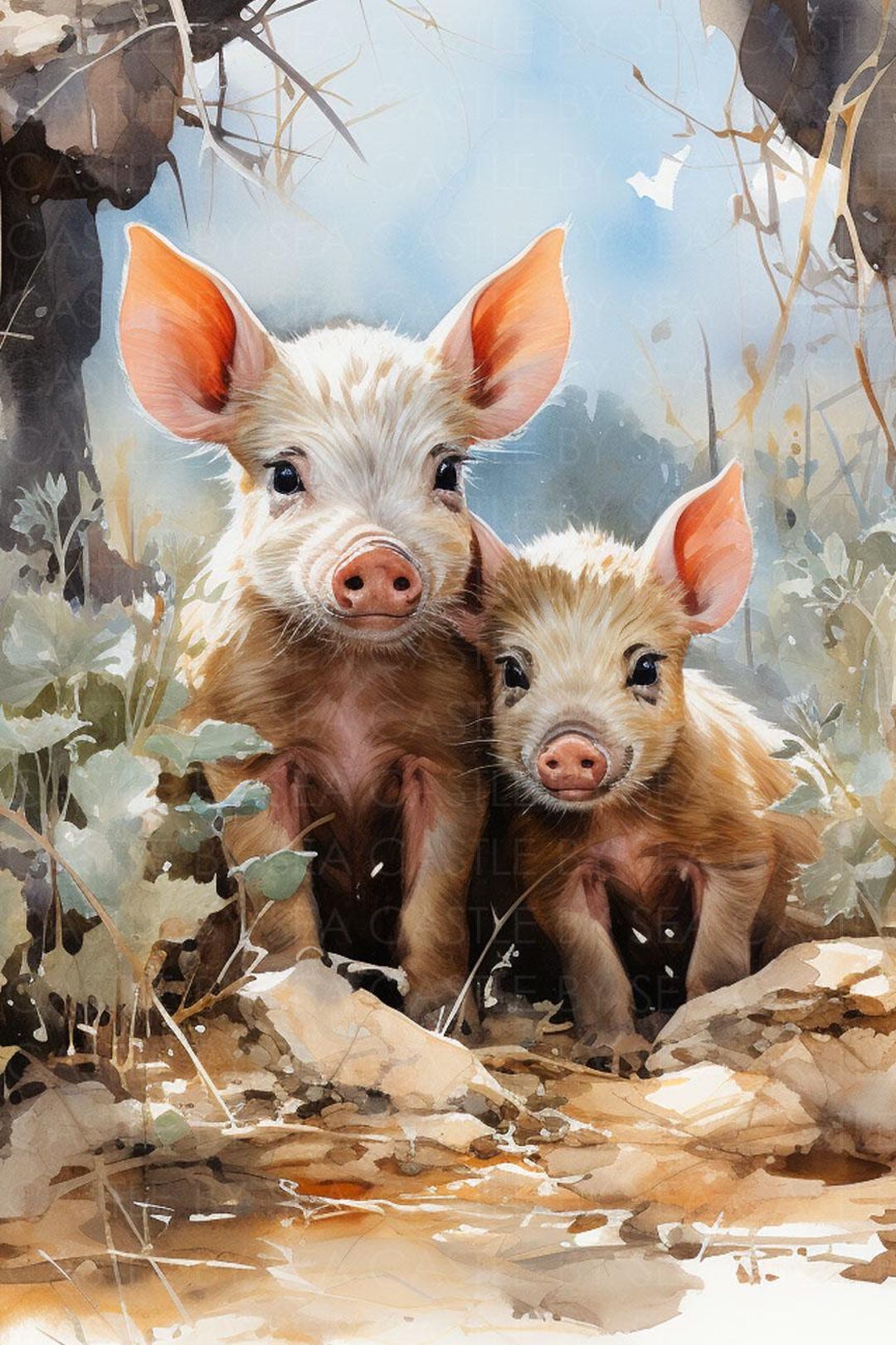 Digital Art - Happy Hoglets - Two Piglets in A Yard - Animal Art ...