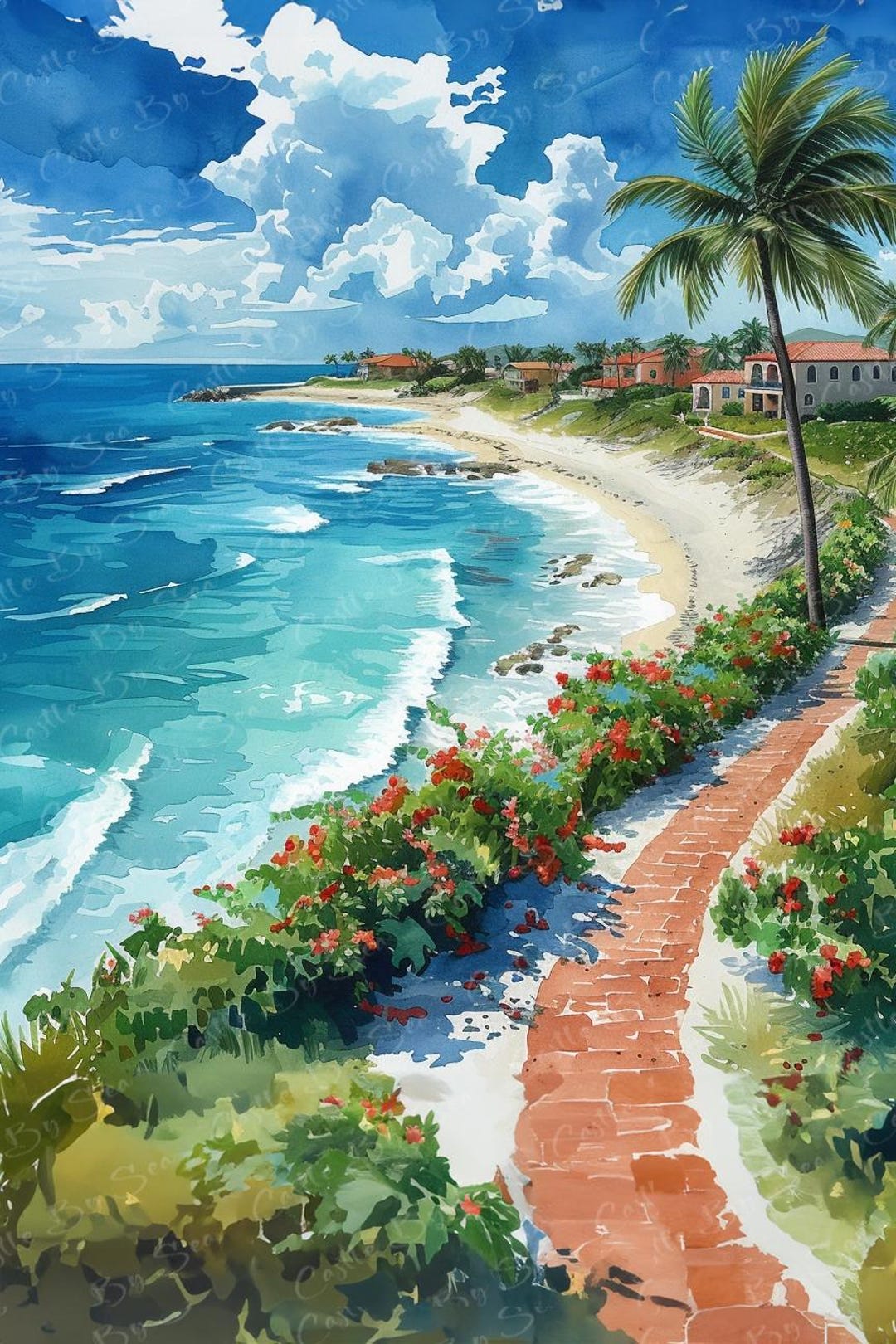 Digital Art - Bahama Beauty – A Tropical Ocean View With Palm Trees and ...
