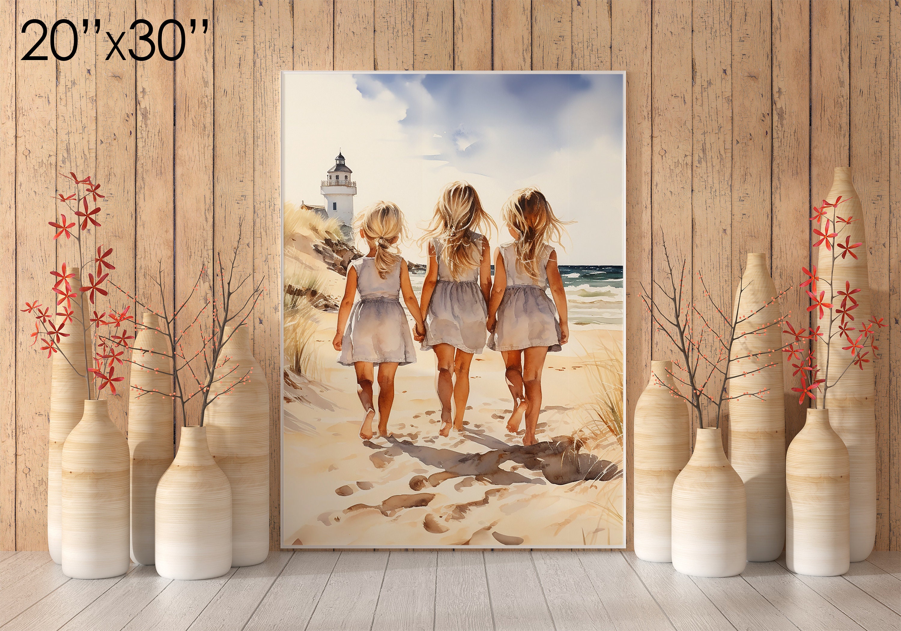 Printable Art - Seashell Sisters - Three Blonde Girls Walking Hand-in-hand on the Beach ...