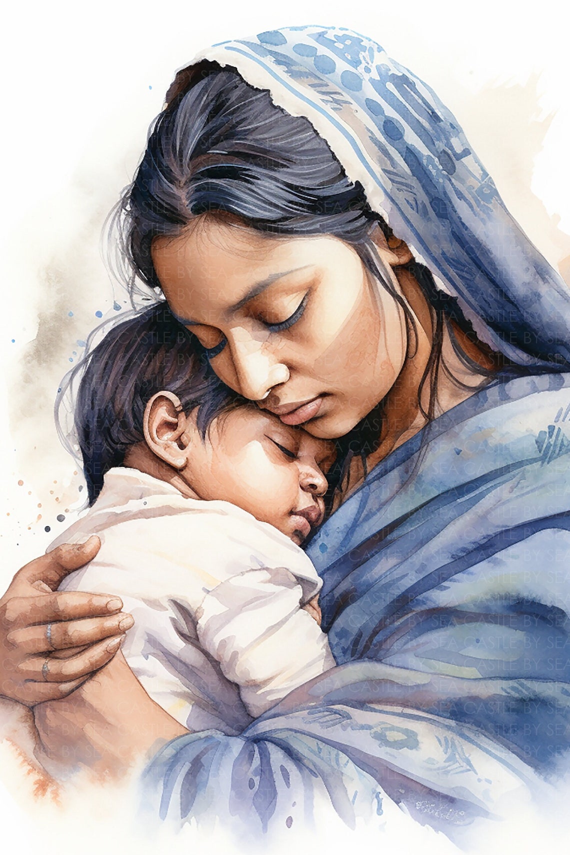 Printable Art Cocooned in Love Indian Mother Craddles Her Sleeping Baby ...