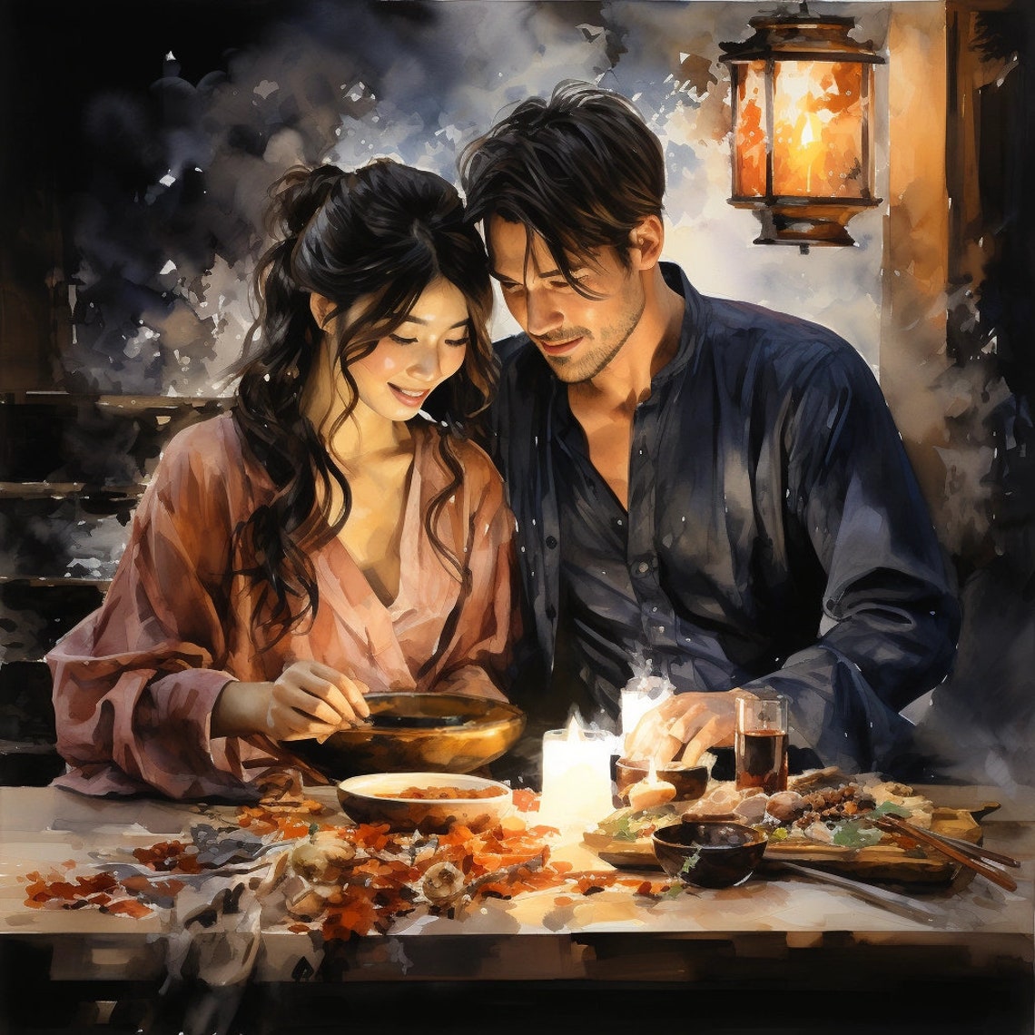 Printable Art - Love in Lantern Light - an Asian Man and Woman Having A ...
