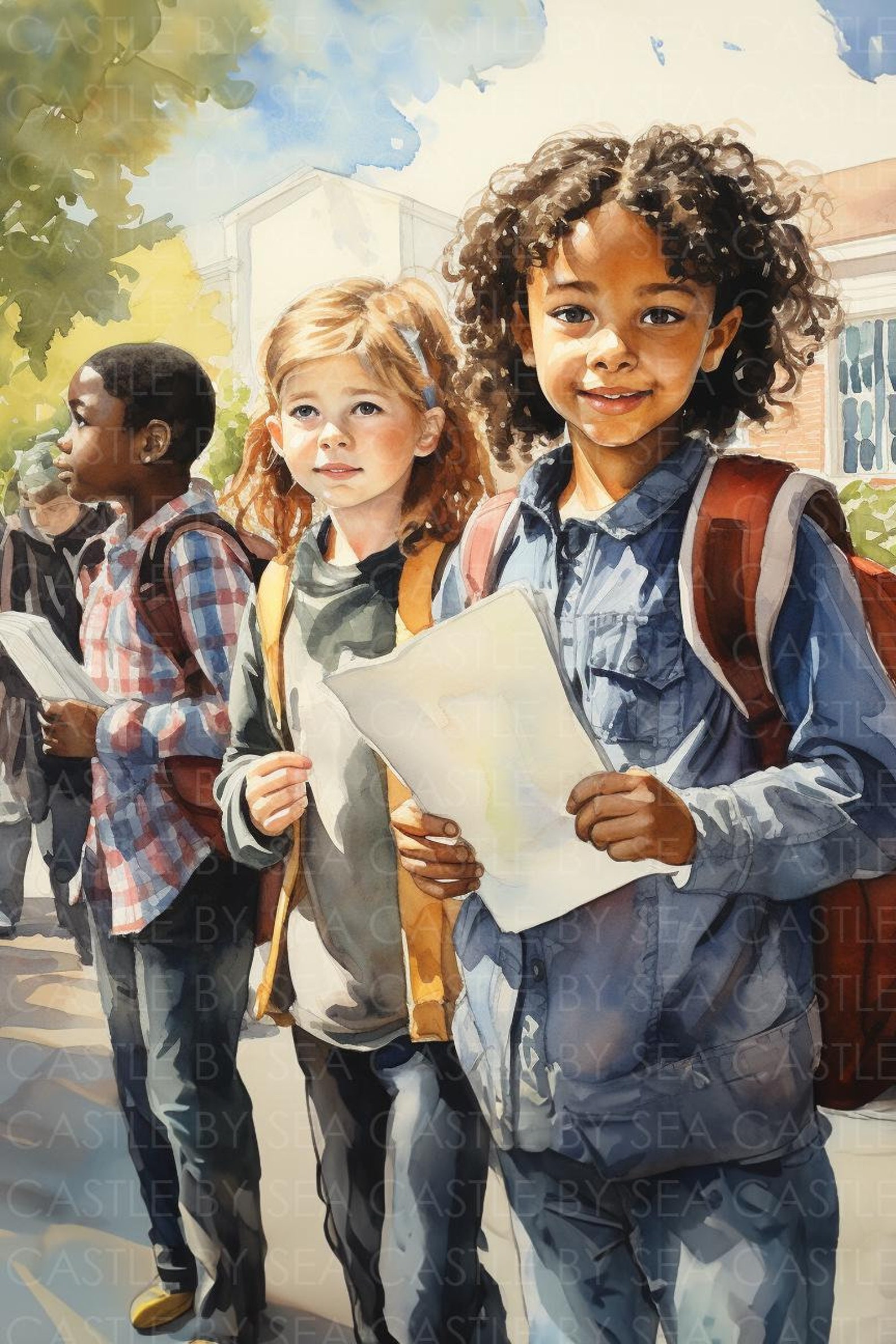 Digital Art - Back to Learning - Kids Waiting at the Bus Stop on the ...