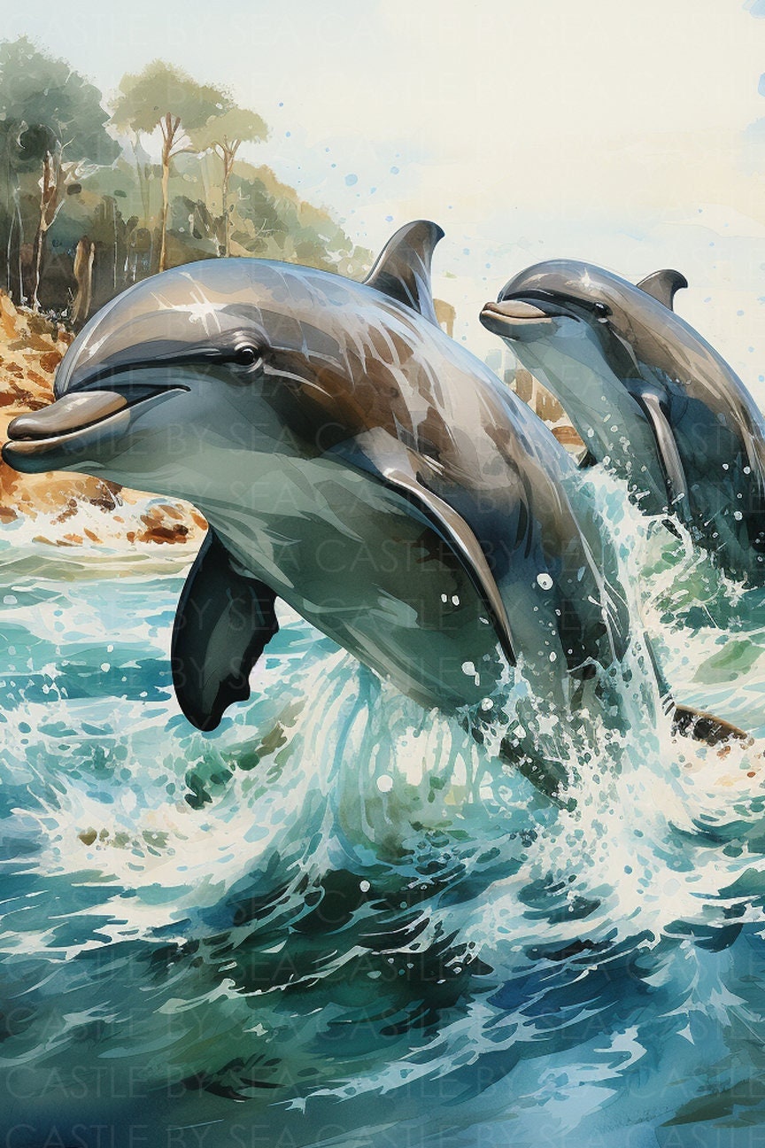Printable Art - Dolphin's Dance - Majestic Dolphins Soaring Over Blue ...