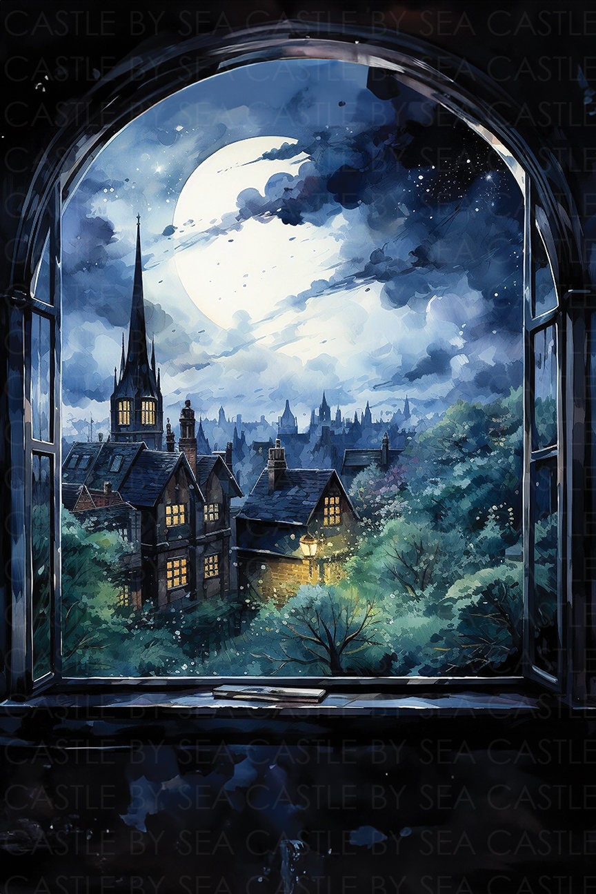 Printable Art Inkwell Night Dark Summer Night View From a Window of a ...