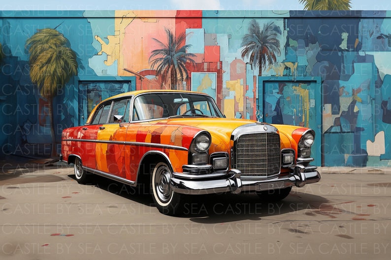 Digital Art - Rainbow Roadster - A Vintage Car Parked in Front of A ...