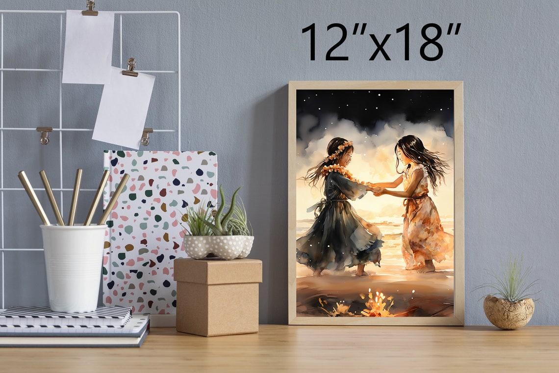 Printable Art - Oceans Dance - Two Hawaiian Girls Dancing by A Bonfire ...