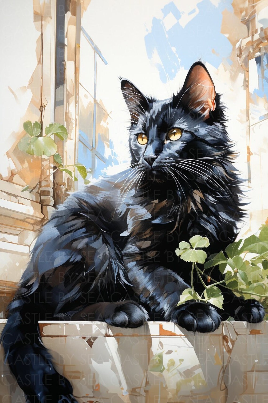 Printable Art - Sunny Sill - A Black Cat Enjoying A Sunny Day on A ...